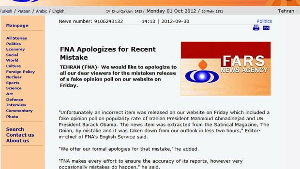 Iranian news agency apologizes over citing Onion story - CBS News