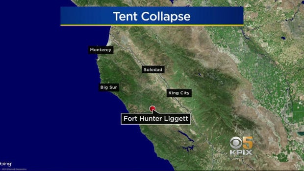 Wind from landing helicopter collapses tent at Fort Hunter Liggett, U.S ...