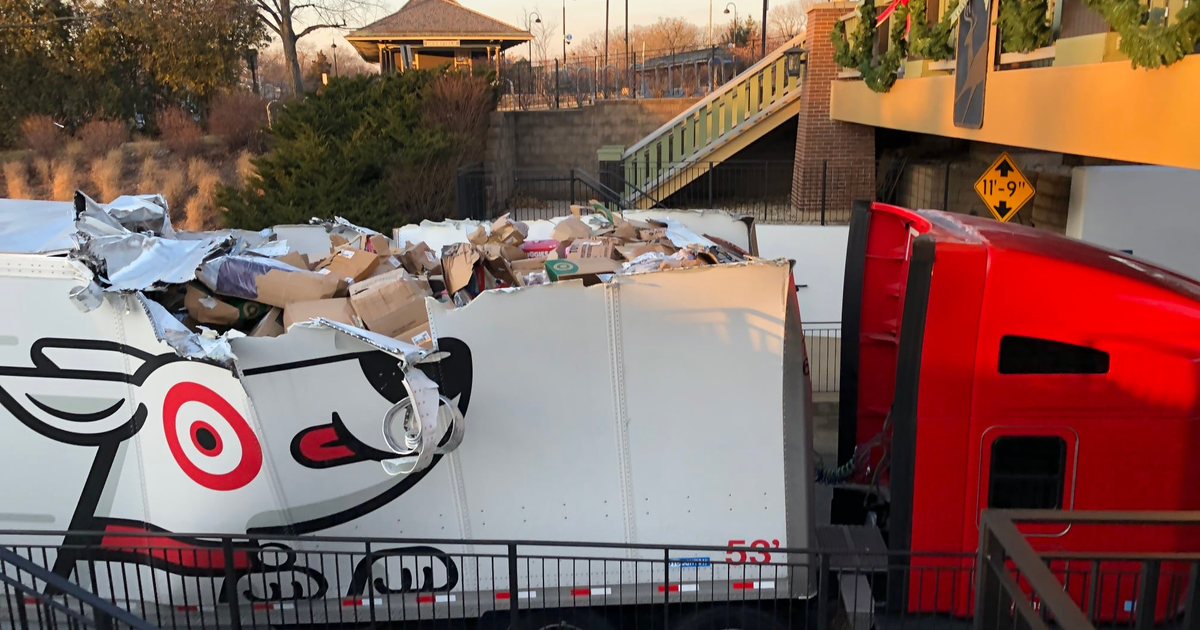 Top Of Target Truck Sheared Off When It Gets Stuck Under Metra Viaduct ...